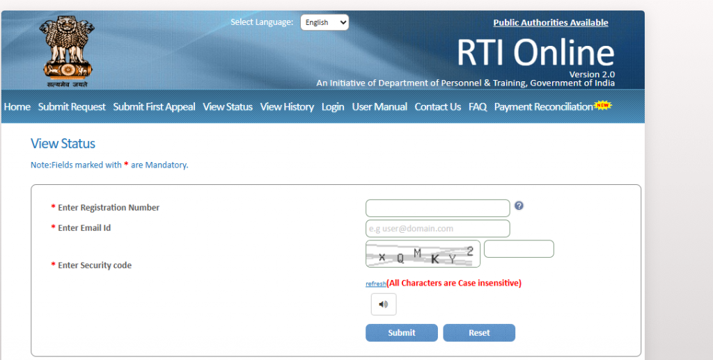 RTI Applications: Registration | Online Form | Status | Fee